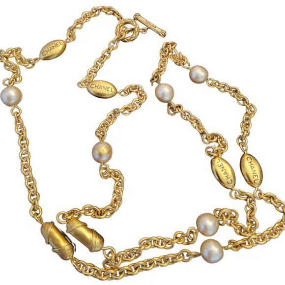 CHANEL | Jewelry | Auth Chanel Pearl Chanel Mat Gold Beads Long ...
